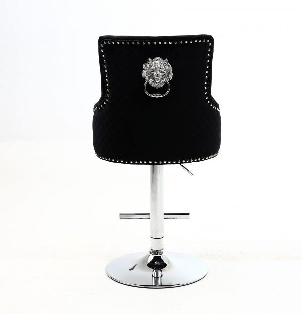 Luxury Black Bar Stool With Lion Knocker Back, Chrome Legs – Elegance ...